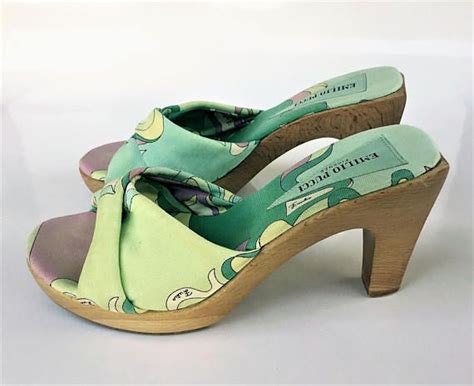 Vintage Emililo Pucci Canvas Platform Sandals With Wood Heel Vintage Shoes Heels High Heel Clogs