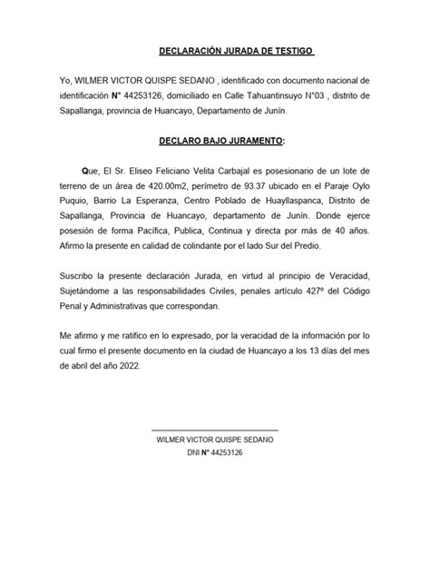 Modelo De Declaración Jurada De Testigo Pdf Derecho