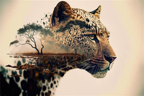 Premium Photo Leopard In Savannah Double Exposure With African Forest