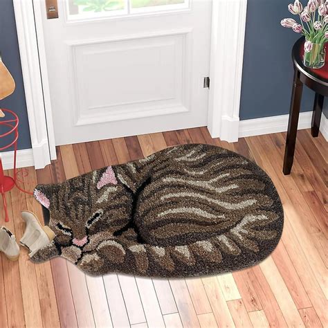 Crazycoolcat Cat Rug Decorative Cat Door Mat With Sleeping Tabby Cat Design