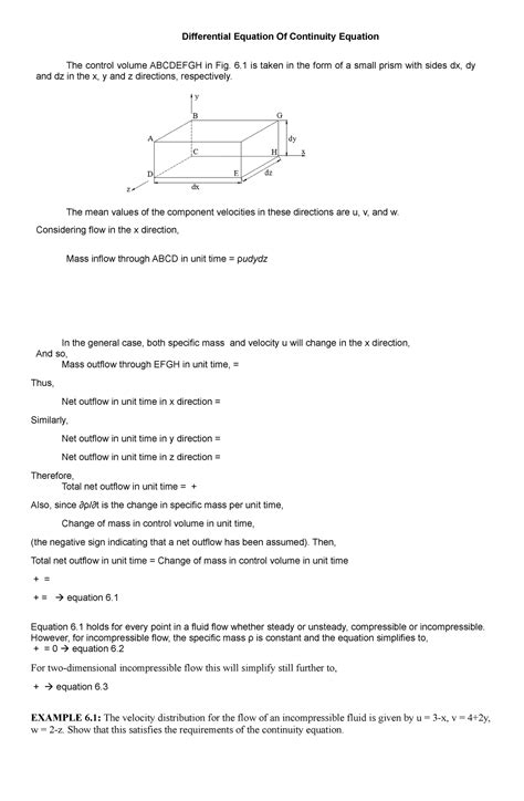 Differential Equation Of Continuity Equation 6 Is Taken In The Form