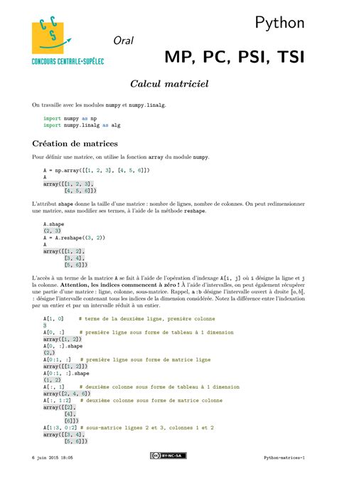 Python Matrices Notes De Cours Juin Python Matrices Oral Python MP PC PSI