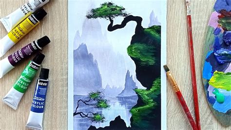 РИСУЕМ ТУМАН В КИТАЙСКИХ ГОРАХ ЗА ТРИ МИНУТЫ Как нарисовать горы и дерево бонсай Youtube