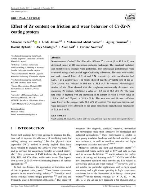 Pdf Effect Of Zr Content On Friction And Wear Behavior Of Cr Zr N