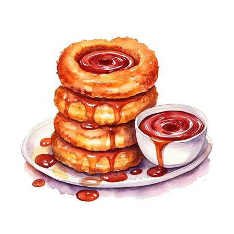 Луковые кольца, картофель фри и соусы акварелью на прозрачном фоне ...