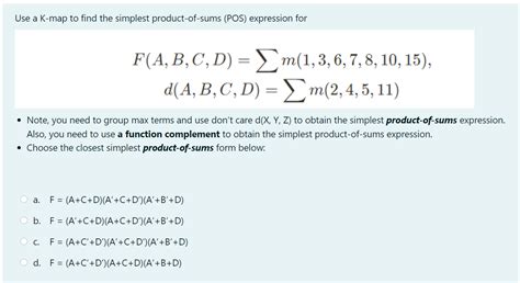 solved use a k map to find the simplest product of sums