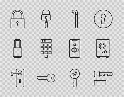 Set Line Door Handle Marked Key Crowbar Key Lock Password Protection And Safe Icon Vector