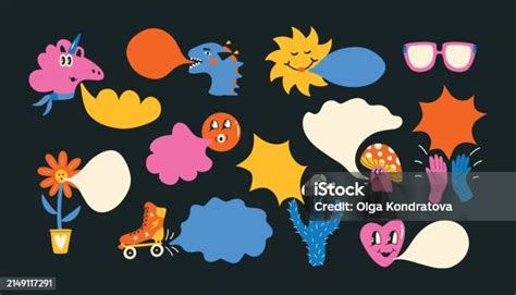 말풍선이 있는 그루비한 펑키 캐릭터 하트 선인장 스마일 복고풍 스타일의 유니콘 캐릭터 만화 벡터 일러스트 레이 션입니다 펑키에 대한 스톡 벡터 아트 및 기타 이미지 Istock