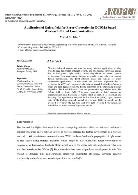 Pdf Application Of Galois Field For Error Correction In Ocdma Based Wireless Infrared