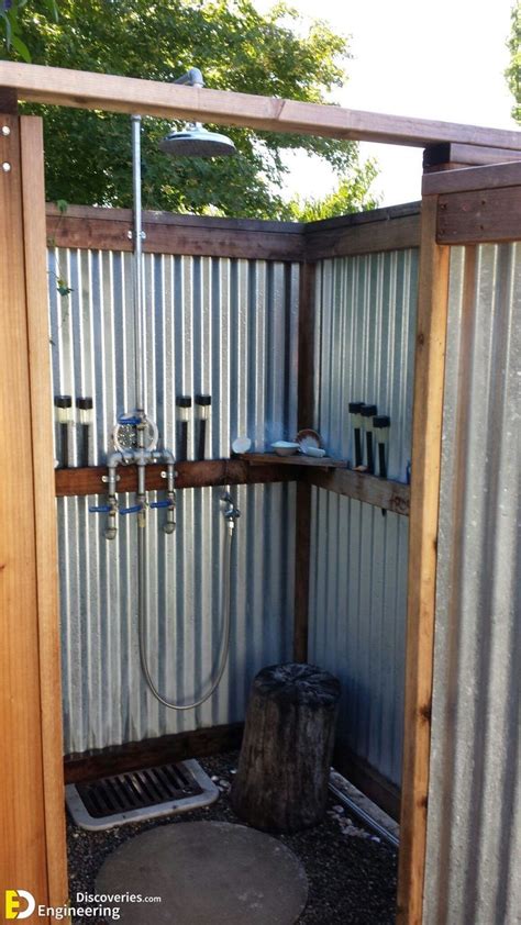 Outdoor Shower With Cedar And Corrugated Metal Diy Outdoor Shower Modern Outdoor Shower An