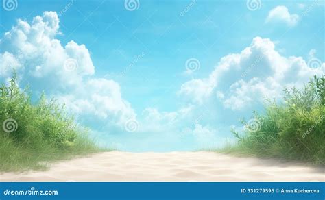 Sunny Sandy Path With Lush Green Bushes Under A Bright Blue Sky Stock Illustration