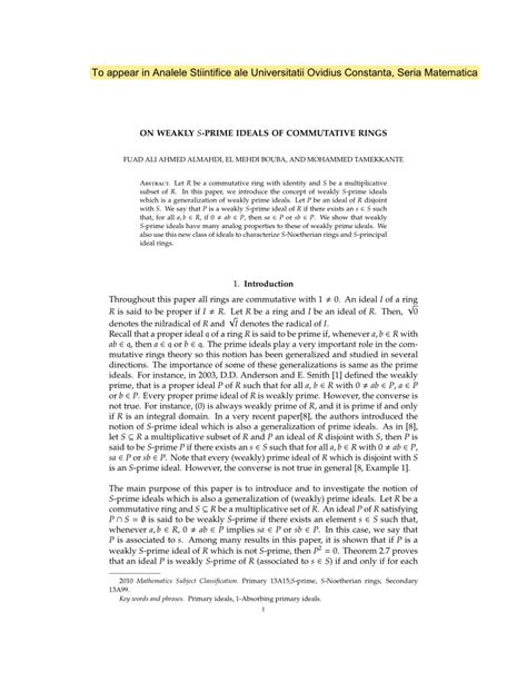 Pdf On Weakly S Prime Ideals Of Commutative Rings