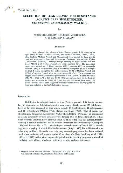 Pdf Selection Of Teak Clones For Resistance Against Leaf Skeletonizer