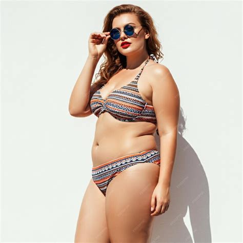 Sexy Curvy Model In Bikini And Sunglasses Posing Elegantly On White