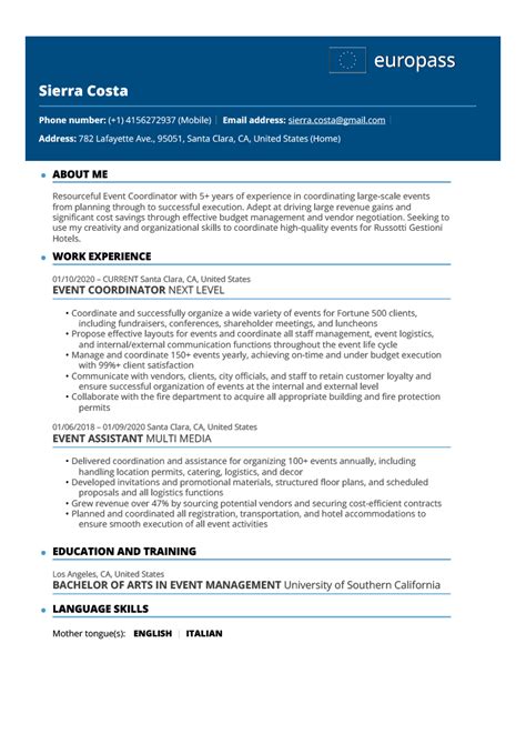 Europass Cv English Example Doc Cv Examples Europass Cv Europass