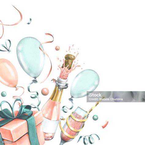 풍선과 색종이가 있는 병과 샴페인 한 잔이 있는 선물 상자 분홍색과 파란색 수채화 그림입니다 생일 축하 컬렉션의 축제 구성 축하합니다 축하하기에 대한 스톡 벡터 아트 및