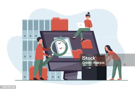 서버 또는 컴퓨터에서 데이터 저장 및 파일 아카이브를 구성하는 사무실 작업자 Pc 사용자는 데이터베이스에서 문서를 검색합니다 정보 기술 소스 개념에 대한 벡터 일러스트레이션