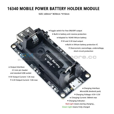 Micro Usb 16340 Lithium Battery Shield Mobile Power Holder Adapter For Diymore