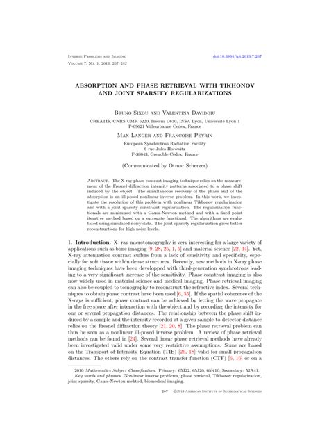 Pdf Absorption And Phase Retrieval With Tikhonov And Joint Sparsity Regularizations