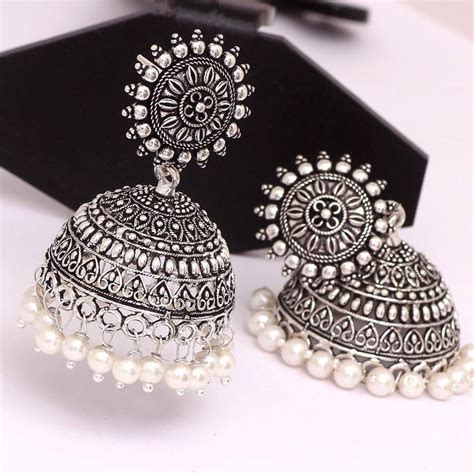 Bollywood Oxidized Silver Plated Light Weight Pearl Drop Jhumka Jhumki