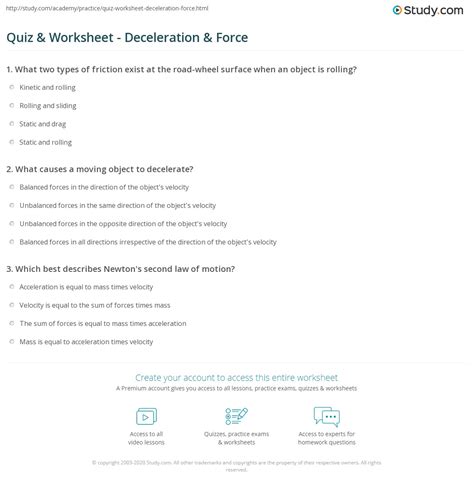 Quiz And Worksheet Deceleration And Force