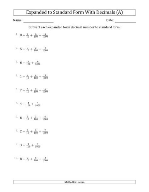 Converting Expanded Form Decimals Using Fractions To Standard Form 1 Digit Before The Decimal