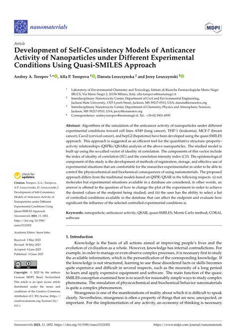 Pdf Development Of Self Consistency Models Of Anticancer Activity Of Nanoparticles Under