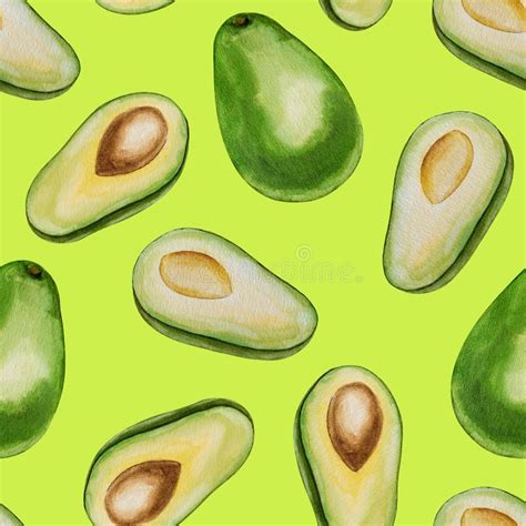 Watercolor Seamless Avocado Pattern on a Green Background, Hand Painted on Paper Stock ...