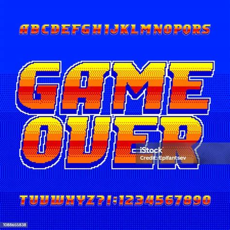 알파벳 글꼴에 게임입니다 픽셀 그라데이션 글자와 숫자 컴퓨터 글자에 대한 스톡 벡터 아트 및 기타 이미지 컴퓨터 글자