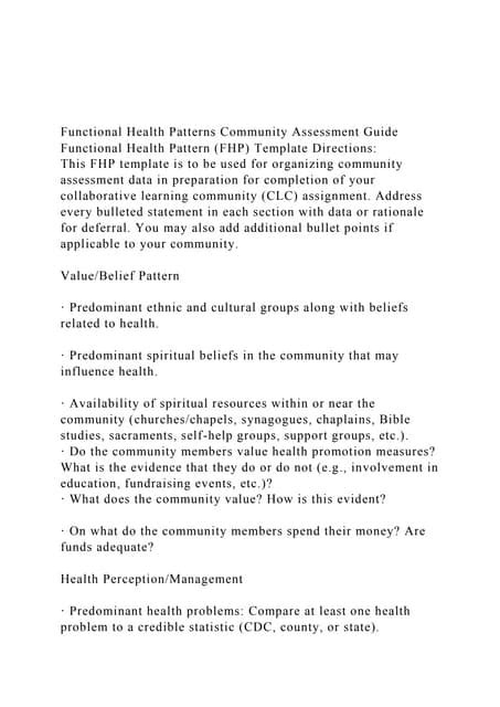 Functional Health Patterns Community Assessment Guidefunctio Docx