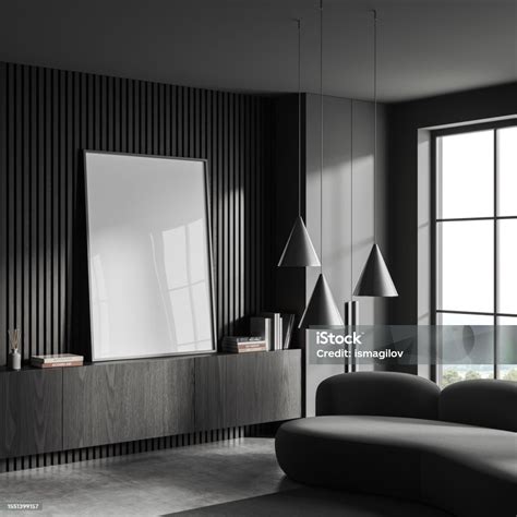 회색 라운지 구역 인테리어 소파와 장식이 있는 찬장 모형 캔버스 0명에 대한 스톡 사진 및 기타 이미지 0명 가구 가정