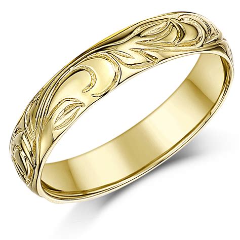 Yellow Gold Patterned Rings And Engraved Designed Wedding Bands For Men And Ladies