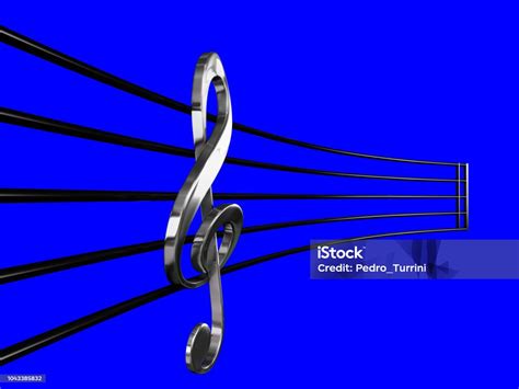 파란색 배경 3d 일러스트와 함께 악보 관점에서에서 실버 고음 음자리표 3차원 형태에 대한 스톡 사진 및 기타 이미지 3차원 형태 Theatrical