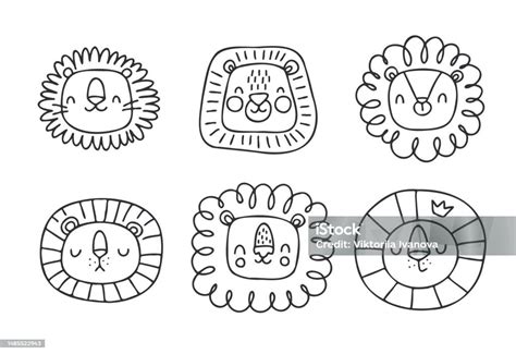 사자 머리가 설정되었습니다 재미 있는 벡터 캐릭터 그리기 티셔츠 텍스타일 그래픽 디자인을 위한 인쇄 컬렉션 귀여운 사자 그림입니다 검은색에 대한 스톡 벡터 아트 및 기타