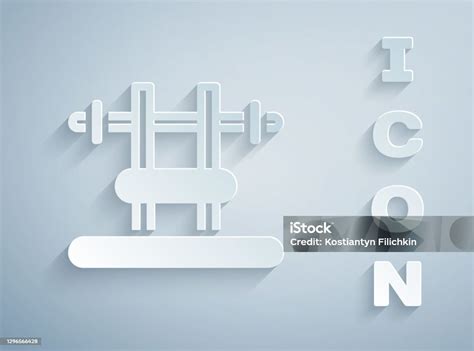 회색 배경에 분리 된 바벨 아이콘으로 용지 컷 벤치 체육관 장비 보디 빌딩 파워 리프팅 피트 니스 개념 종이 아트 스타일 벡터 3차원 형태에 대한 스톡 벡터 아트 및 기타