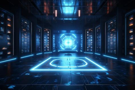 Premium Ai Image Quantum Computing Server Room With Cascading Light