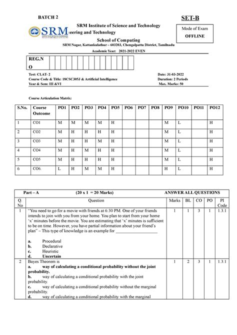 Ct 2 Batch 2 Set B 313 Ans Key Batch 2 Srm Institute Of Science And Technology Faculty Of