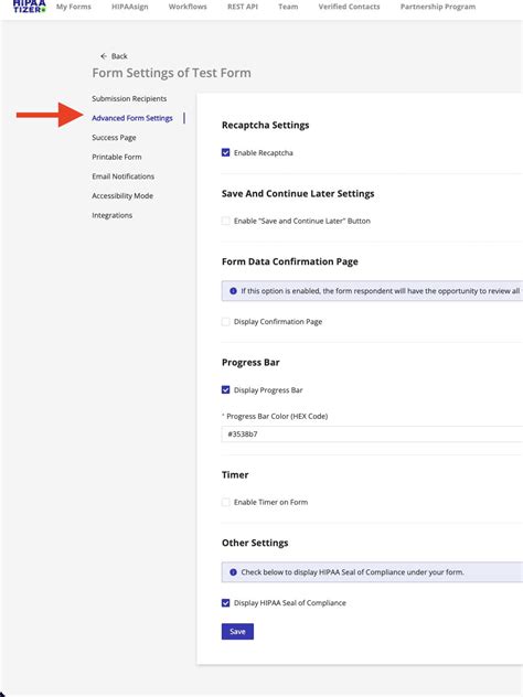 Editing Form Settings Hipaatizer