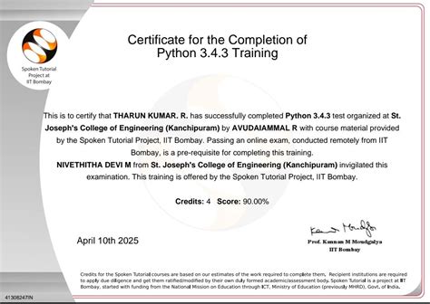 Python Iitbombay Spokentutorial Programming Pythoncertification Tharun Kumar R