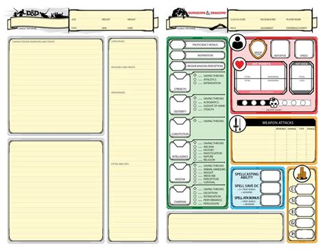 Dandd Character Sheet Half Page Color Coded