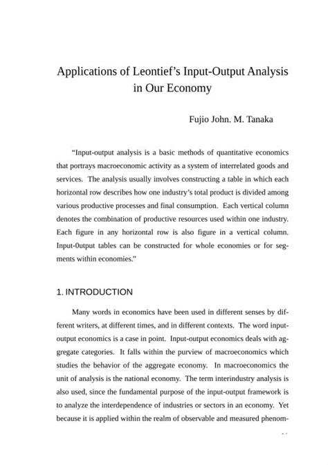 Pdf Applications Of Leontiefs Input Output Analysis In Our