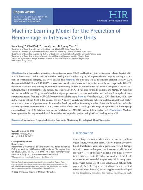 Pdf Machine Learning Model For The Prediction Of Hemorrhage In