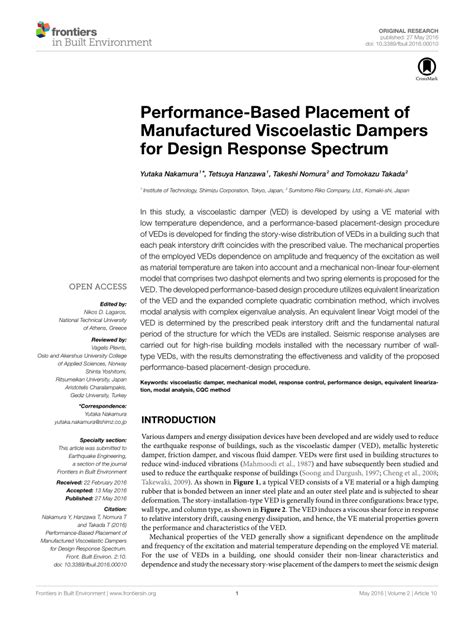 Pdf Performance Based Placement Of Manufactured Viscoelastic Dampers For Design Response Spectrum
