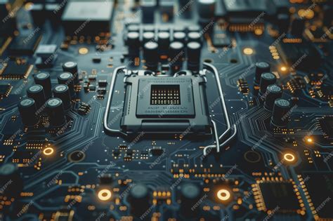 Computer Motherboard With Complex Circuits And Microchips Focused On Technology Premium Ai