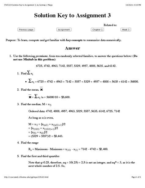 Stat220 Solution Key To Assignment 3 By German J Pliego Solution