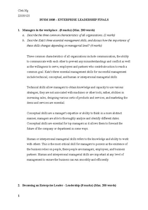 Busm 1008 Finals Example Assignment 22039125 Busm 1008 Enterprise Leadership Finals