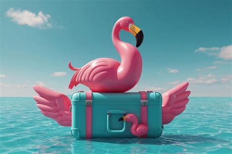 Premium Photo Pink Flamingo In The Sea With A Suitcase 3d Render
