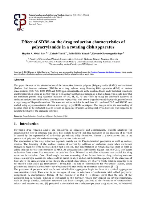 Pdf Effect Of Sdbs On The Drag Reduction Characteristics Of Polyacrylamide In A Rotating Disk