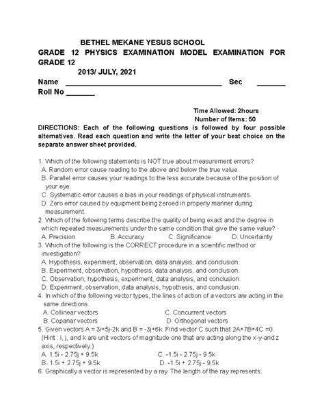 Physics Work Sheet Bethel Mekane Yesus School Grade 12 Physics