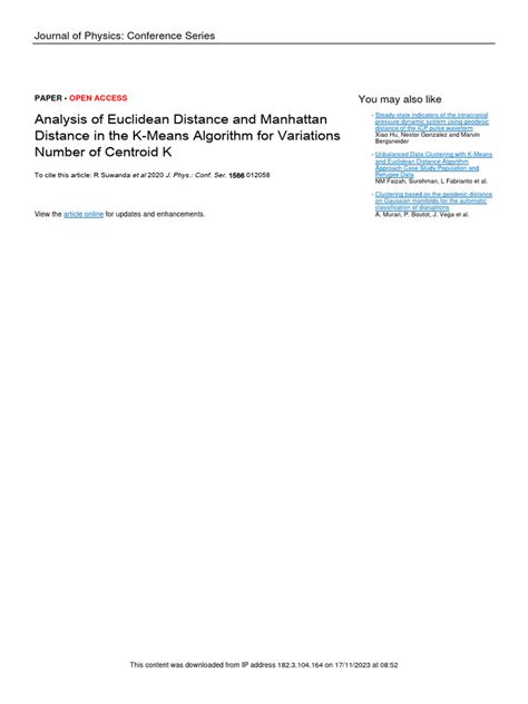 Analysis Of Euclidean Distance And Manhattan Pdf Cluster Analysis Statistics